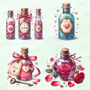 Watercolor Love Potion Bottles Clipart Bundle, Romantic Tonic Sticker ...
