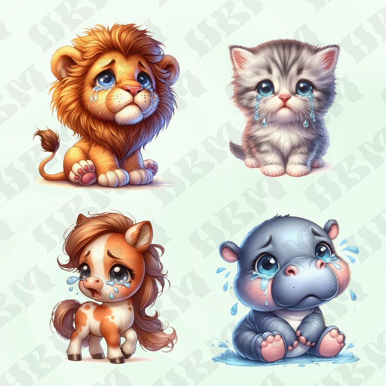 Cute Watercolor Crying Animals Clipart Bundle, Emotional Nursery Decor ...