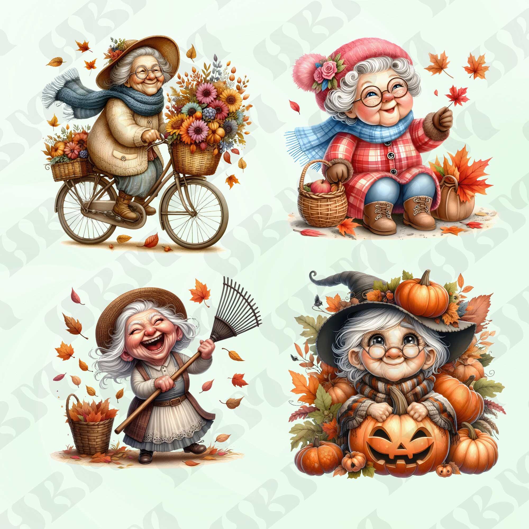 Funny Watercolor Autumn Grandma Clipart Bundle, Comical Old Lady ...