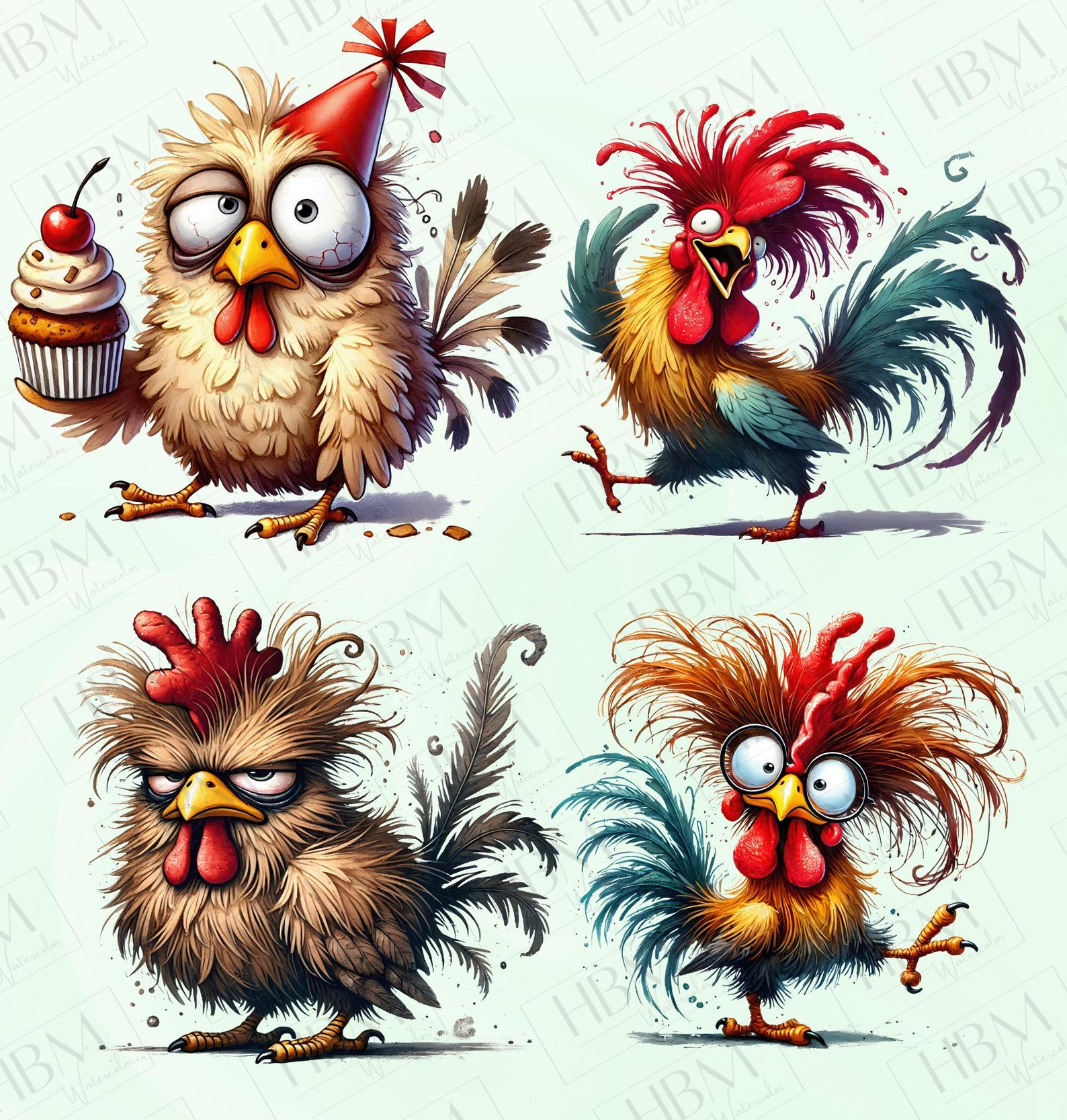 Funny Quirky Chicken Clipart Bundle, Humorous Whimsical Rooster Sticker ...