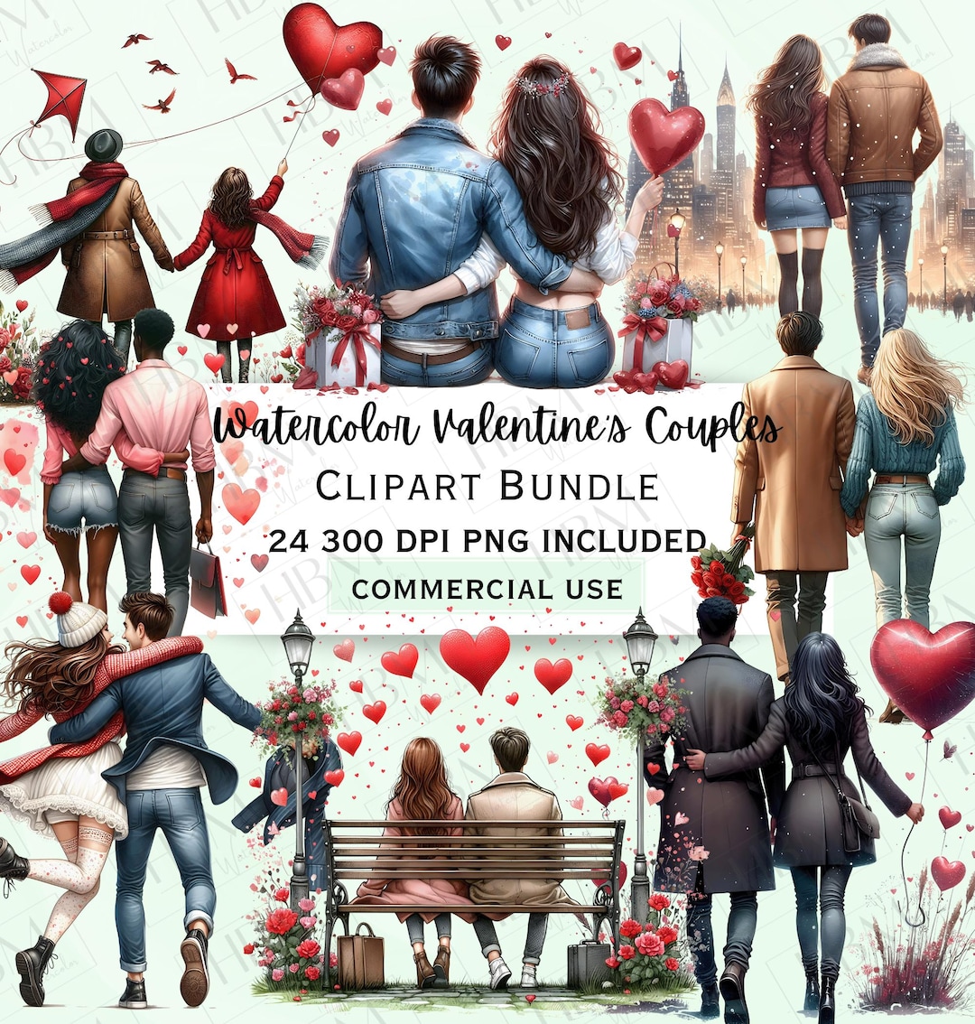 Watercolor Valentine's Couples Clipart Bundle, Back View Romantic Pairs ...