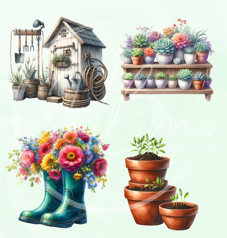 Cottage Garden Clipart Bundle, Watercolor Gardening Pngs, Rustic ...