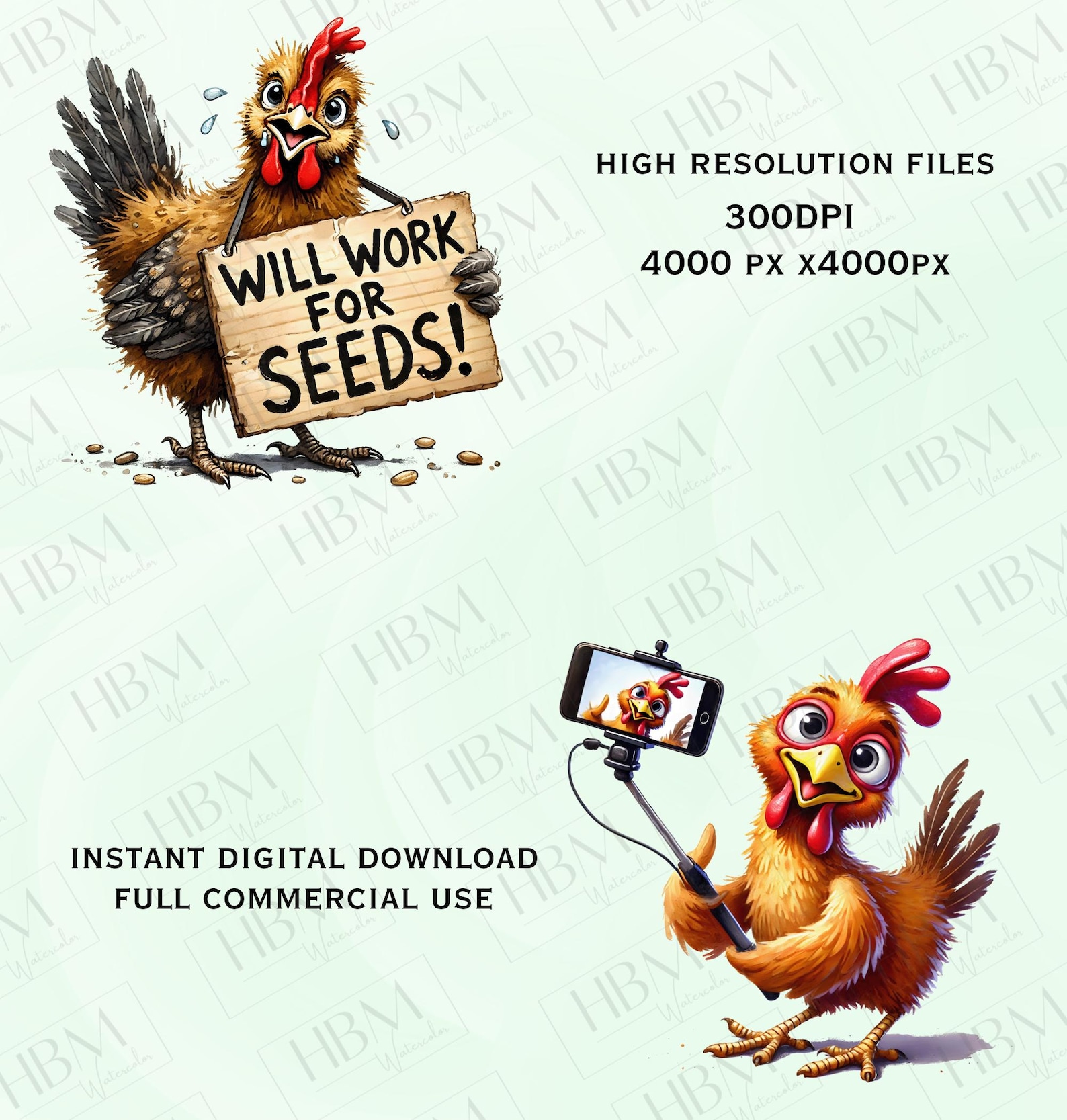 Funny Quirky Chicken Clipart Bundle, Humorous Whimsical Rooster Sticker ...