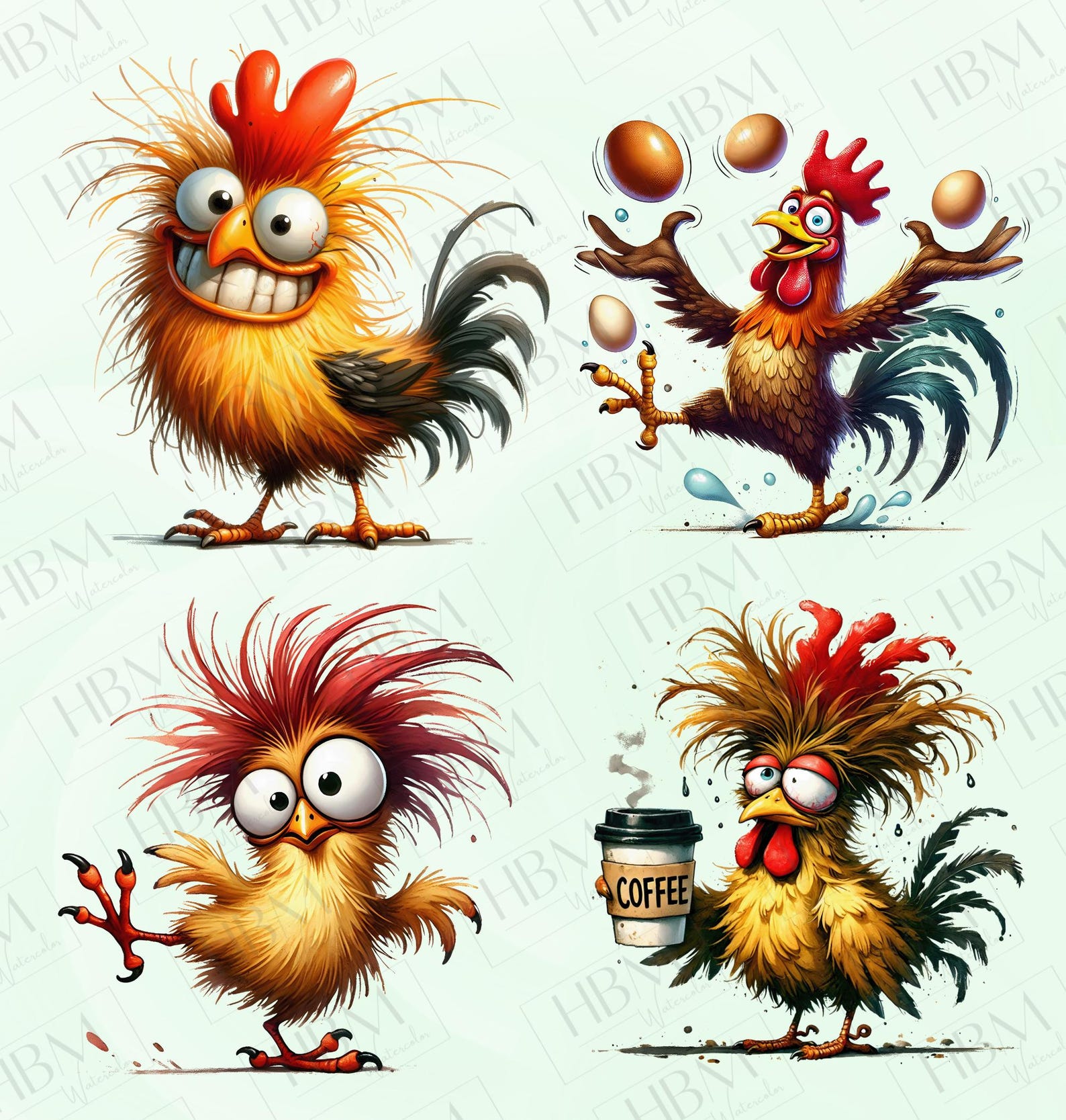 Funny Quirky Chicken Clipart Bundle, Humorous Whimsical Rooster Sticker ...