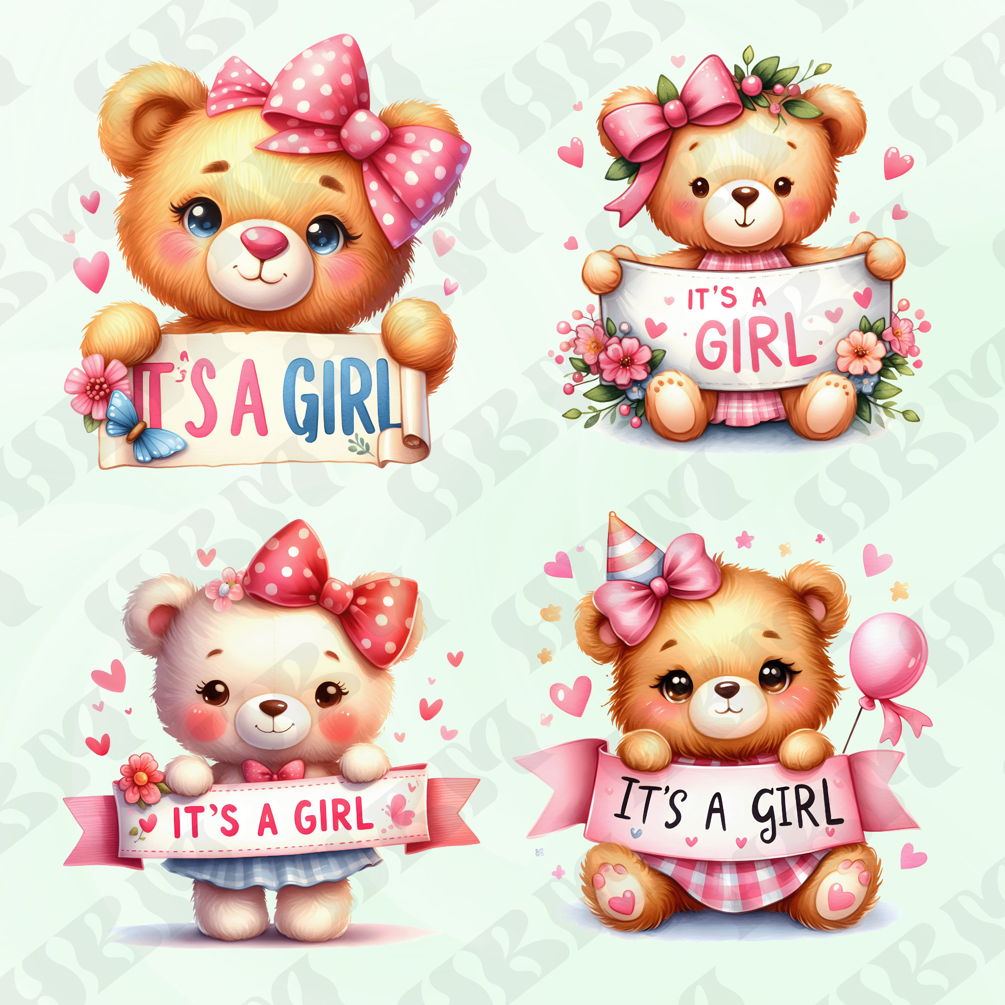 Watercolor Girl Bear Clipart Bundle, Cute Teddy Nursery Decor, Pink ...