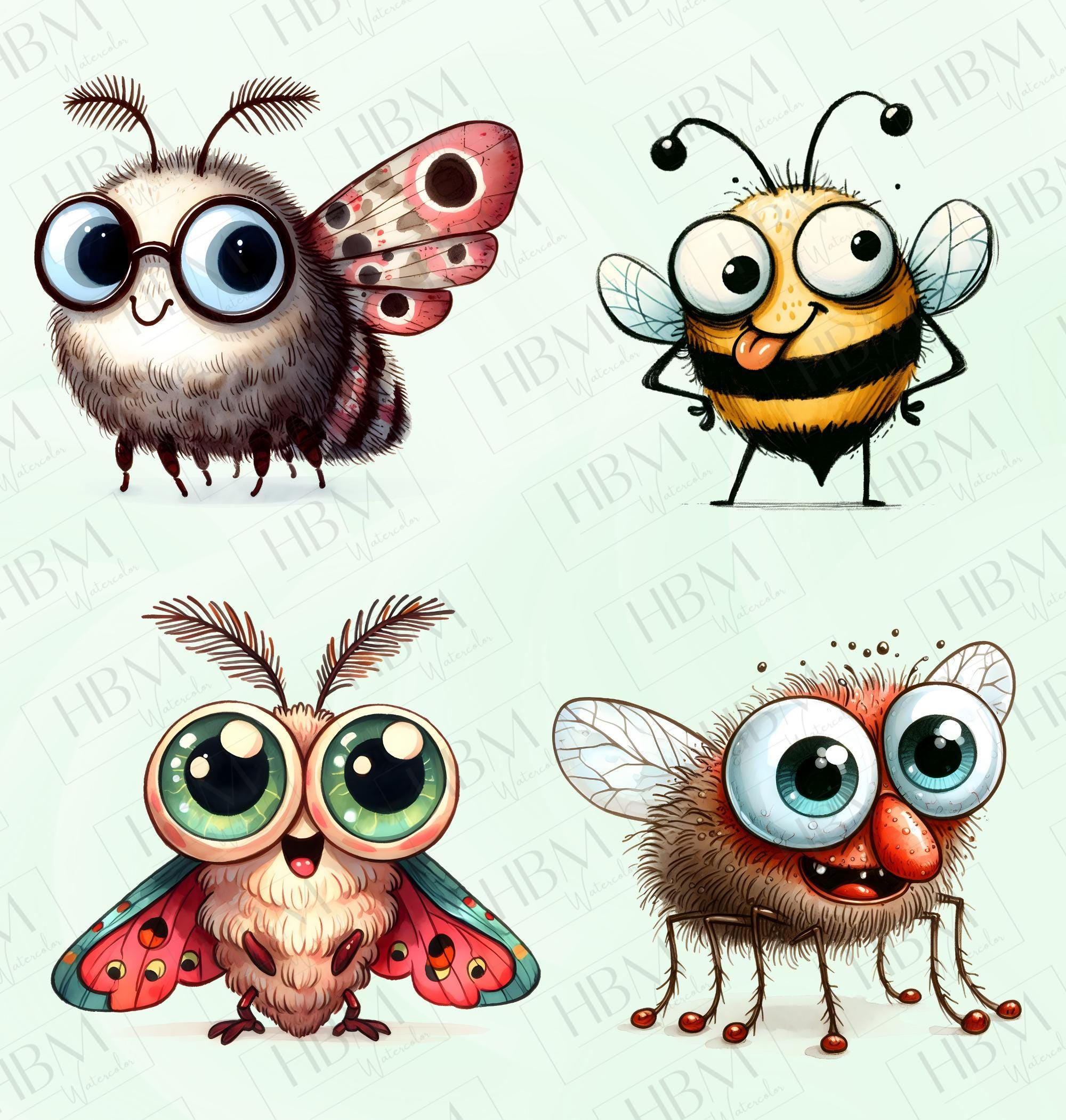 Funny Quirky Insects Clipart Bundle, Silly Bug Sticker, Crazy Whimsical ...