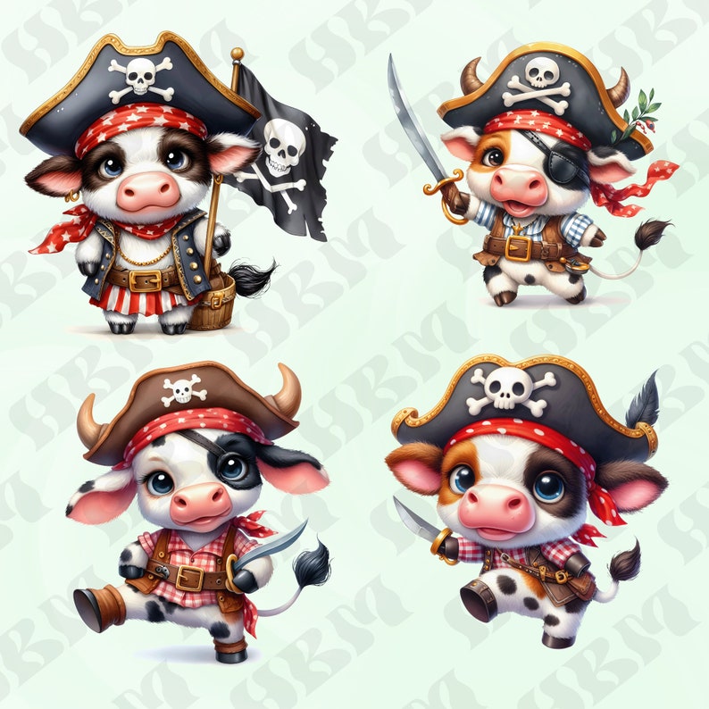 Funny Cute Watercolor Pirate Cow Clipart Bundle, Whimsical Animal ...