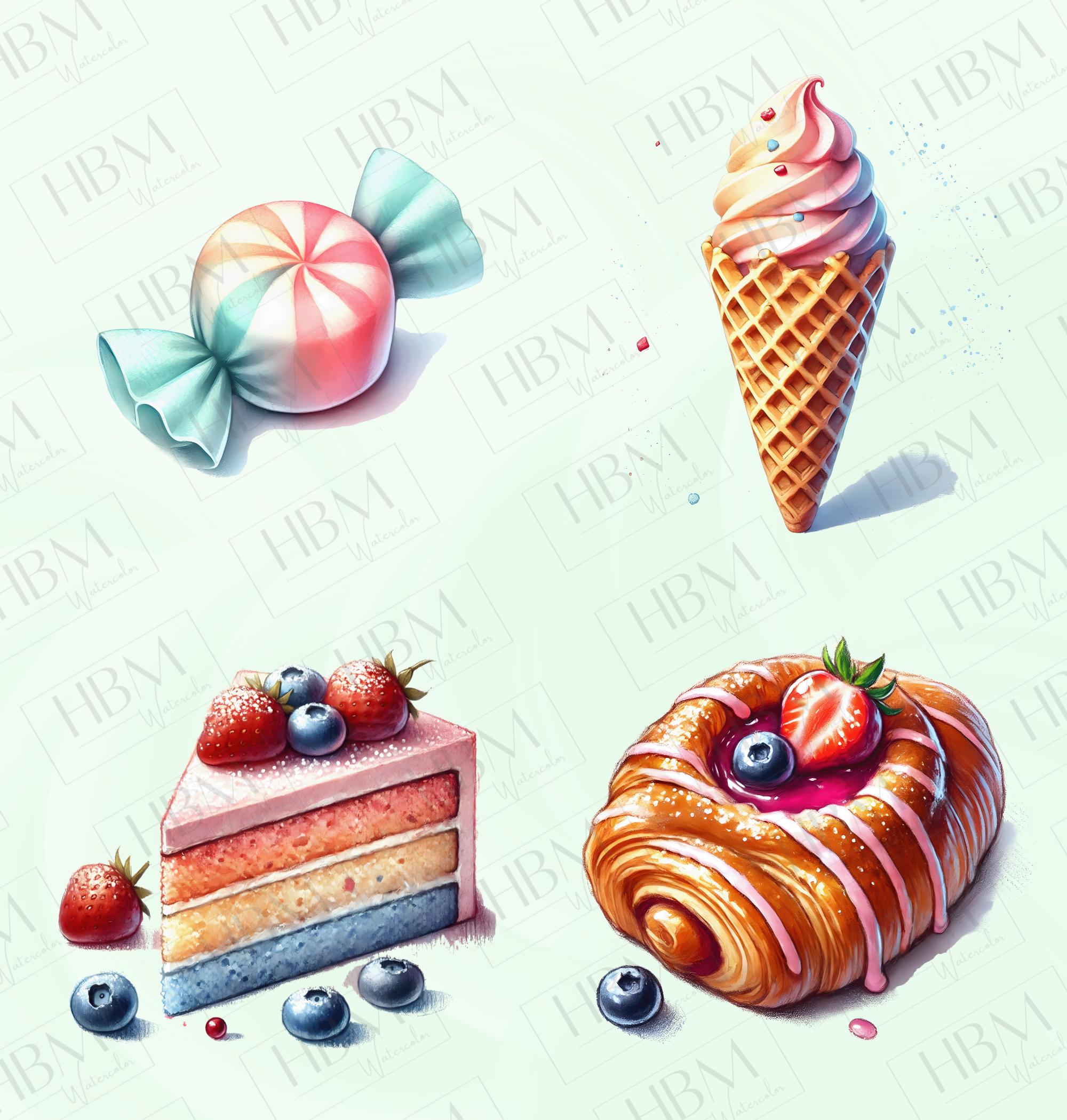Watercolor Pastel Sweets Clipart Bundle, Party Dessert Graphics ...