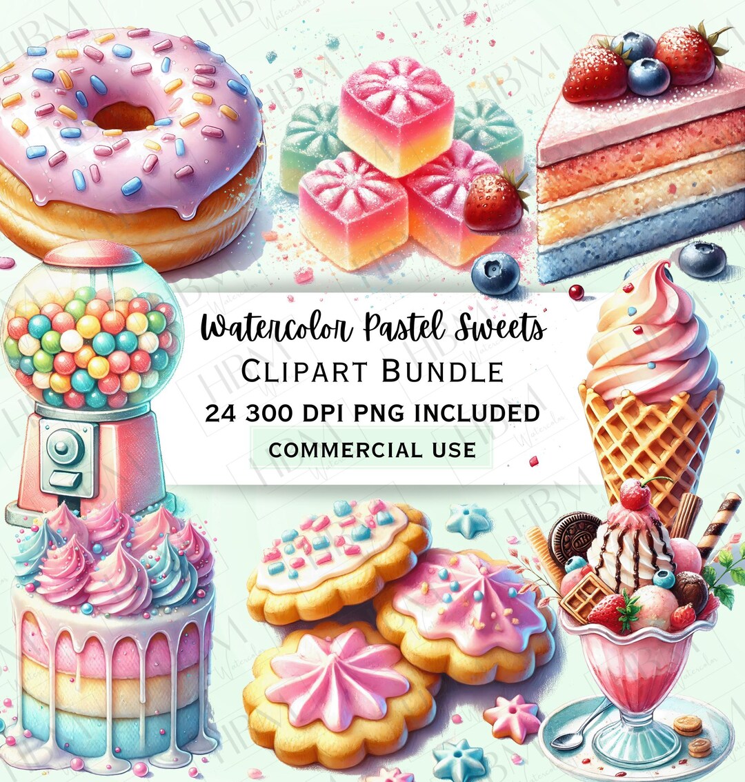 Watercolor Pastel Sweets Clipart Bundle, Party Dessert Graphics ...