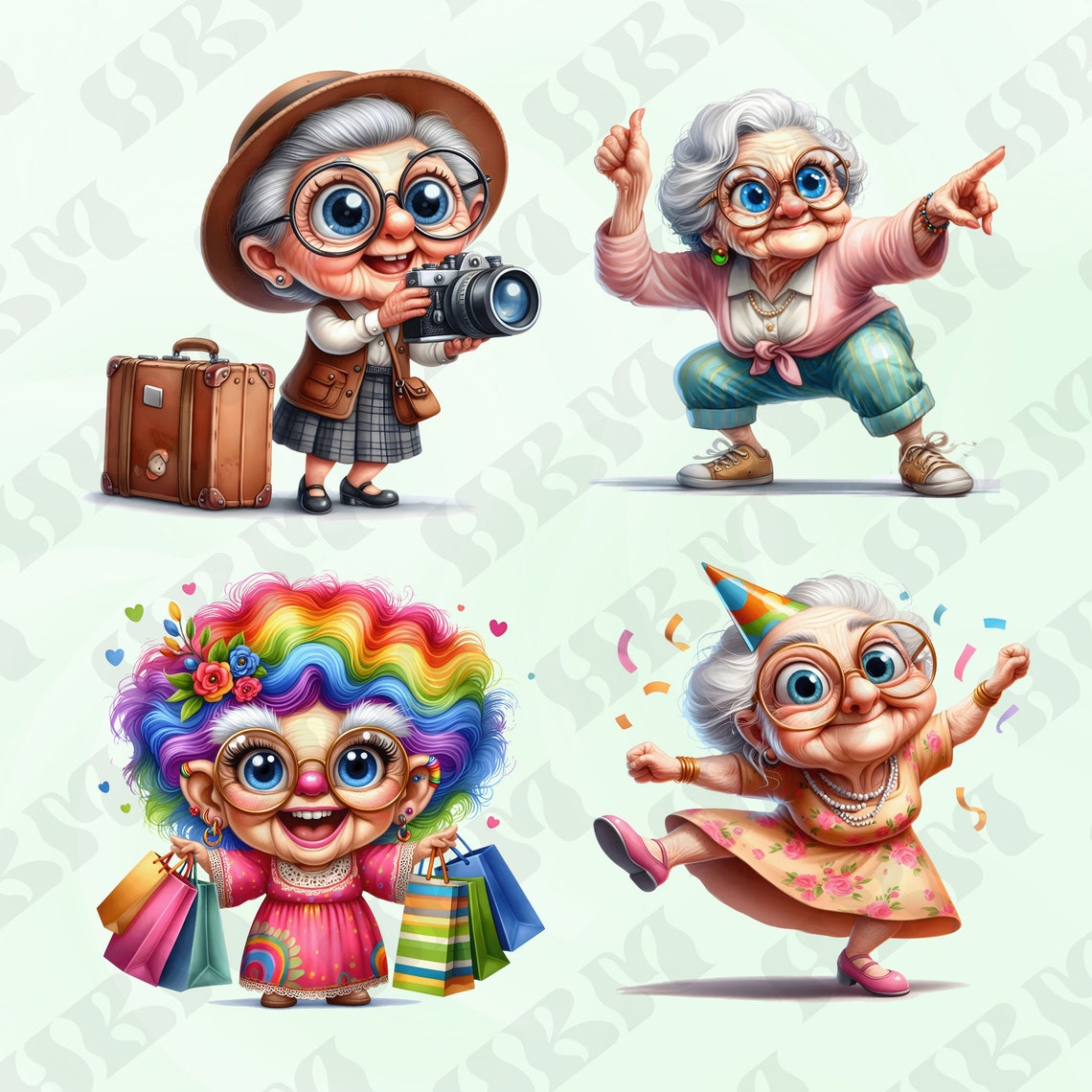 Funny Watercolor Old Ladies Clipart Bundle, Comical Grandma Sticker ...