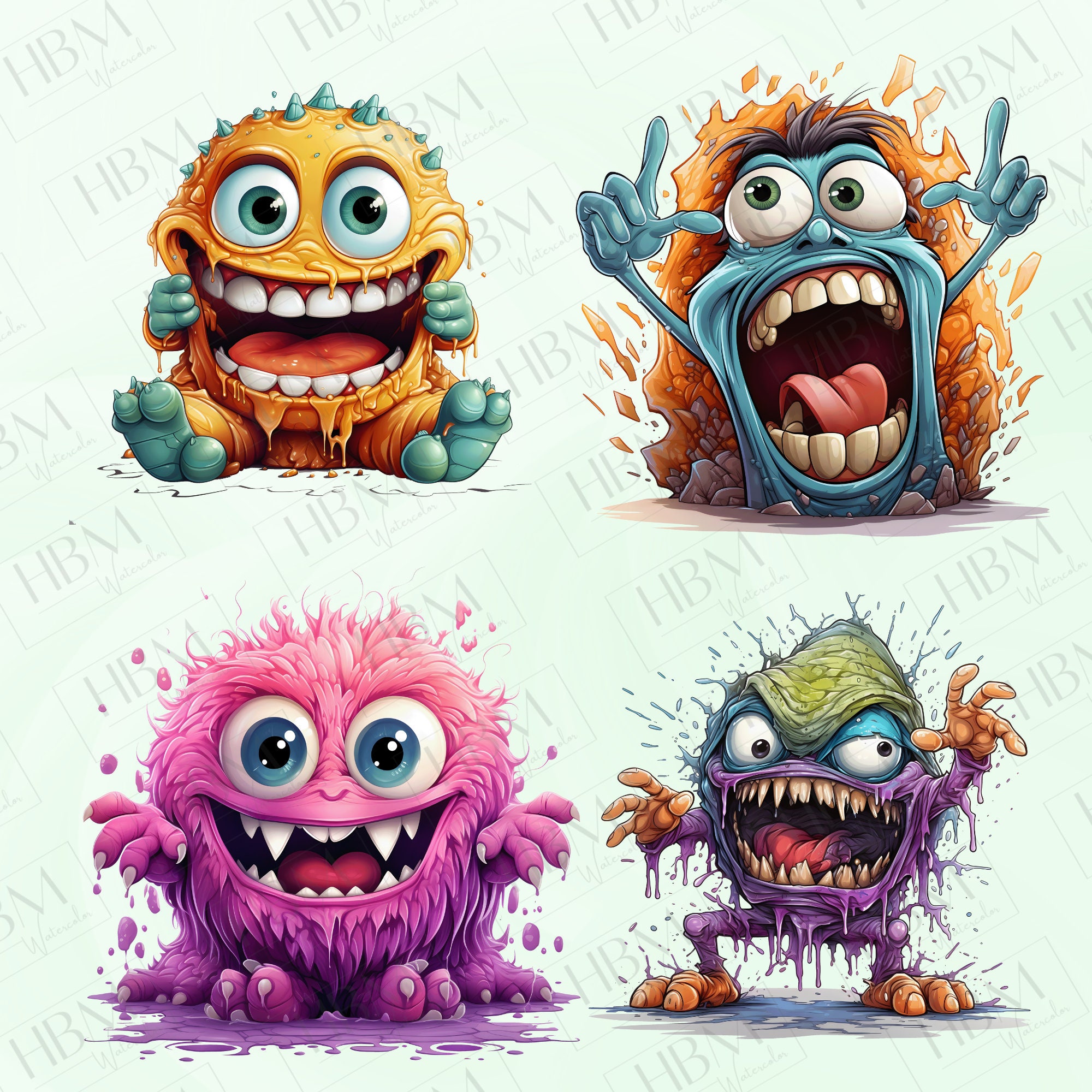 Funny Watercolor Halloween Monsters Clipart Bundle, Whimsical Cute ...
