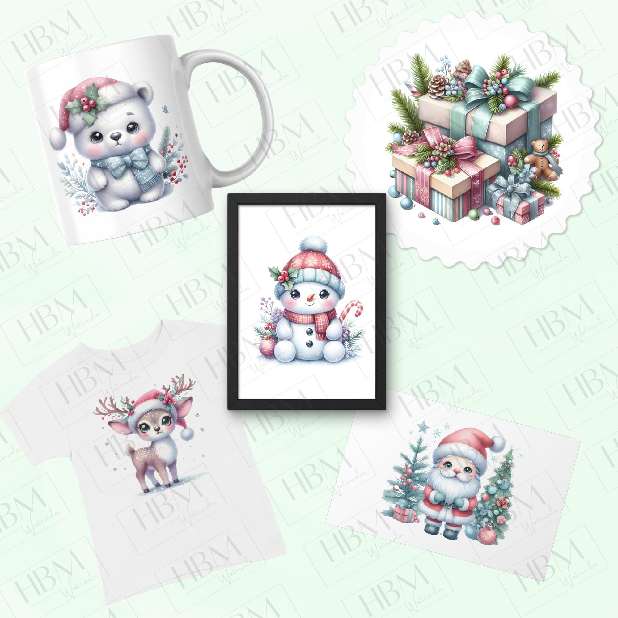 Cute Watercolor Pastel Christmas Clipart Bundle, Adorable Snowman ...