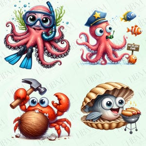 Funny Summer Sea Animals Clipart Bundle, Cute Beach Ocean PNG, Tropical ...
