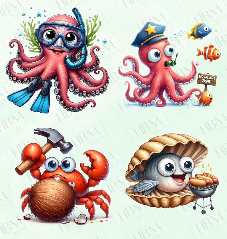 Funny Summer Sea Animals Clipart Bundle, Cute Beach Ocean PNG, Tropical ...