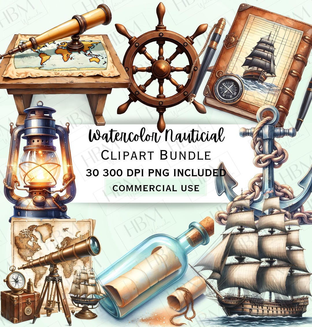 Vintage Nautical Clipart Bundle, Watercolor Ocean Maps PNG, Sailing ...