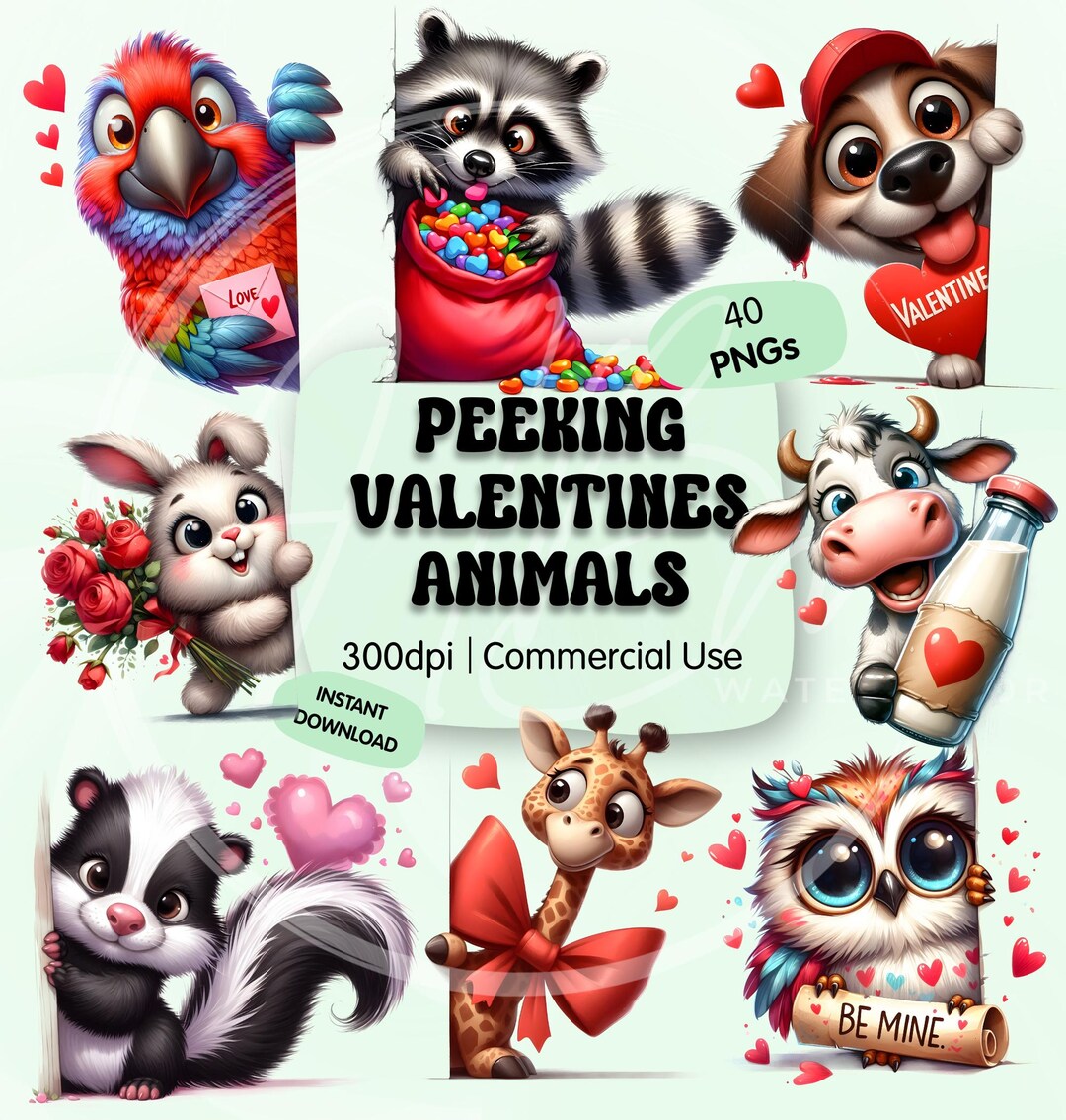 Funny Quirky Valentine Animals Peeking Around Corner Clipart Bundle ...