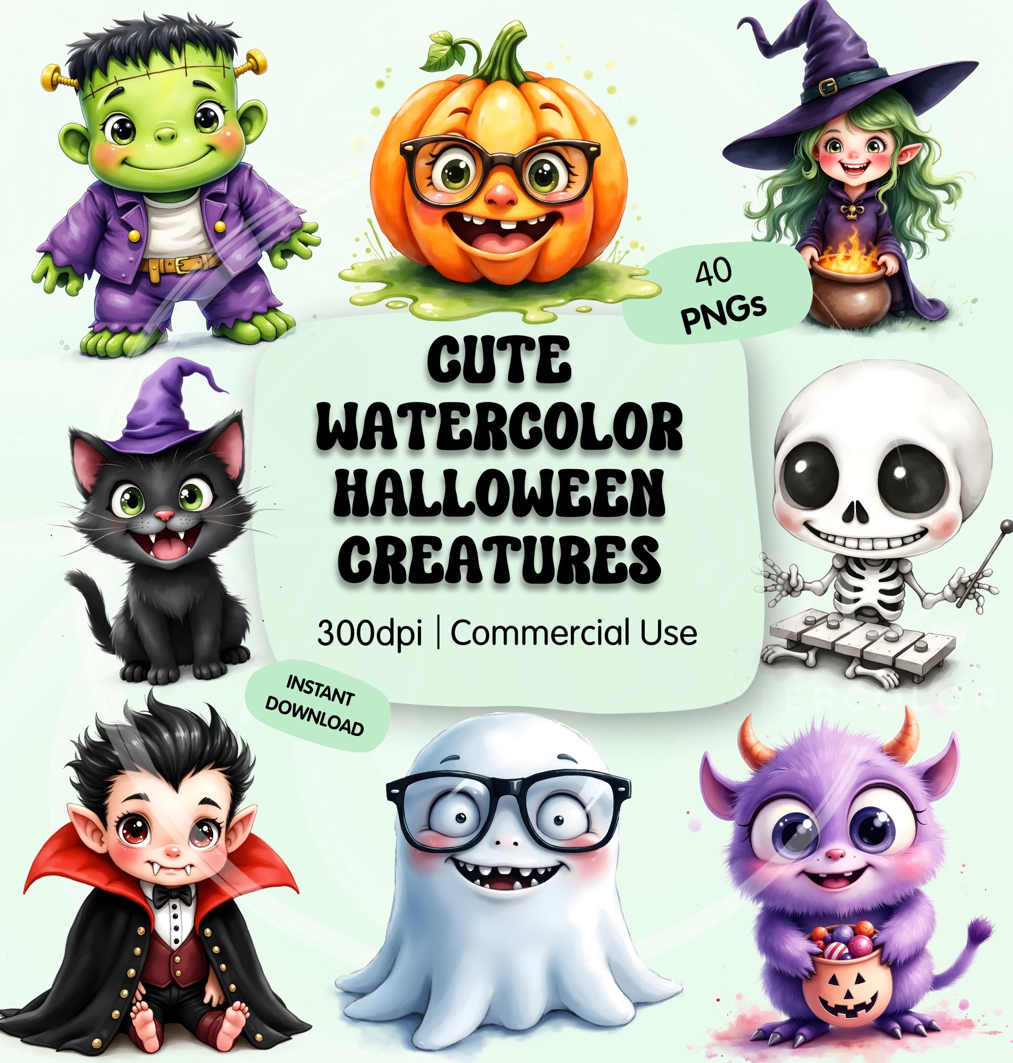 Cute Halloween Creatures Clipart Bundle, Watercolor Monster Ghost Pngs ...