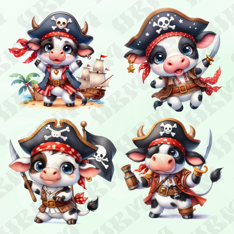 Funny Cute Watercolor Pirate Cow Clipart Bundle, Whimsical Animal ...