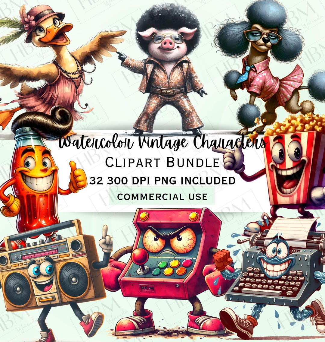 Watercolor Vintage Characters Clipart Bundle, Funky Arcade PNG, Retro ...