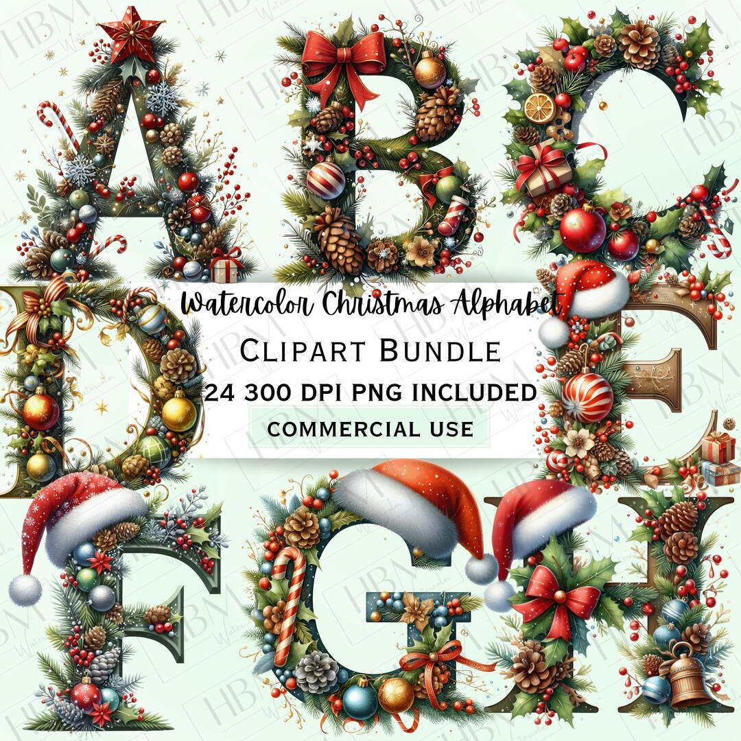 Watercolor Christmas Letters Clipart Bundle, Whimsical Xmas Graphics ...