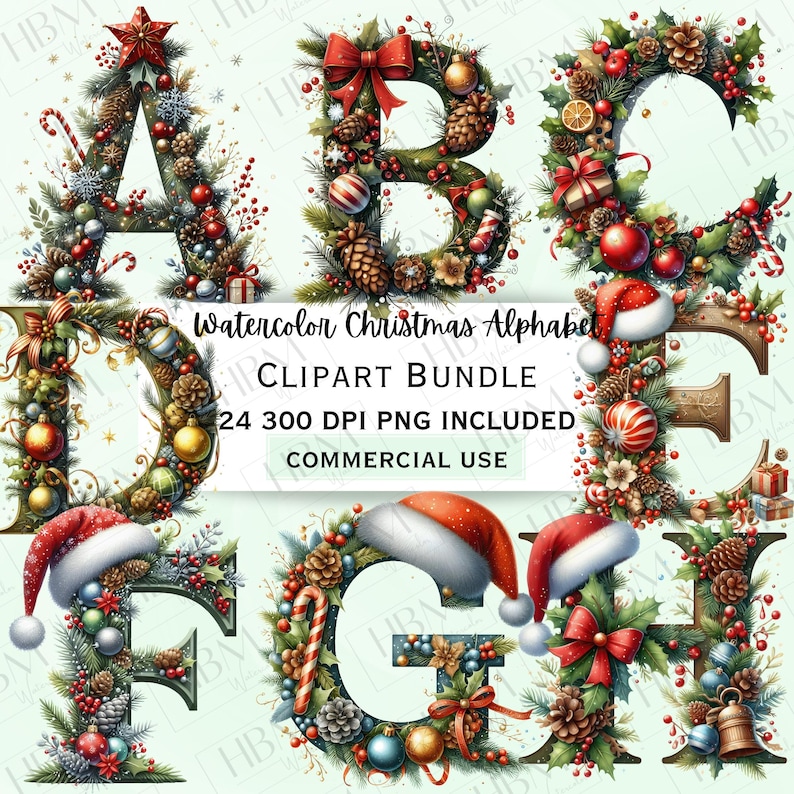 Watercolor Christmas Letters Clipart Bundle, Whimsical Xmas Graphics ...