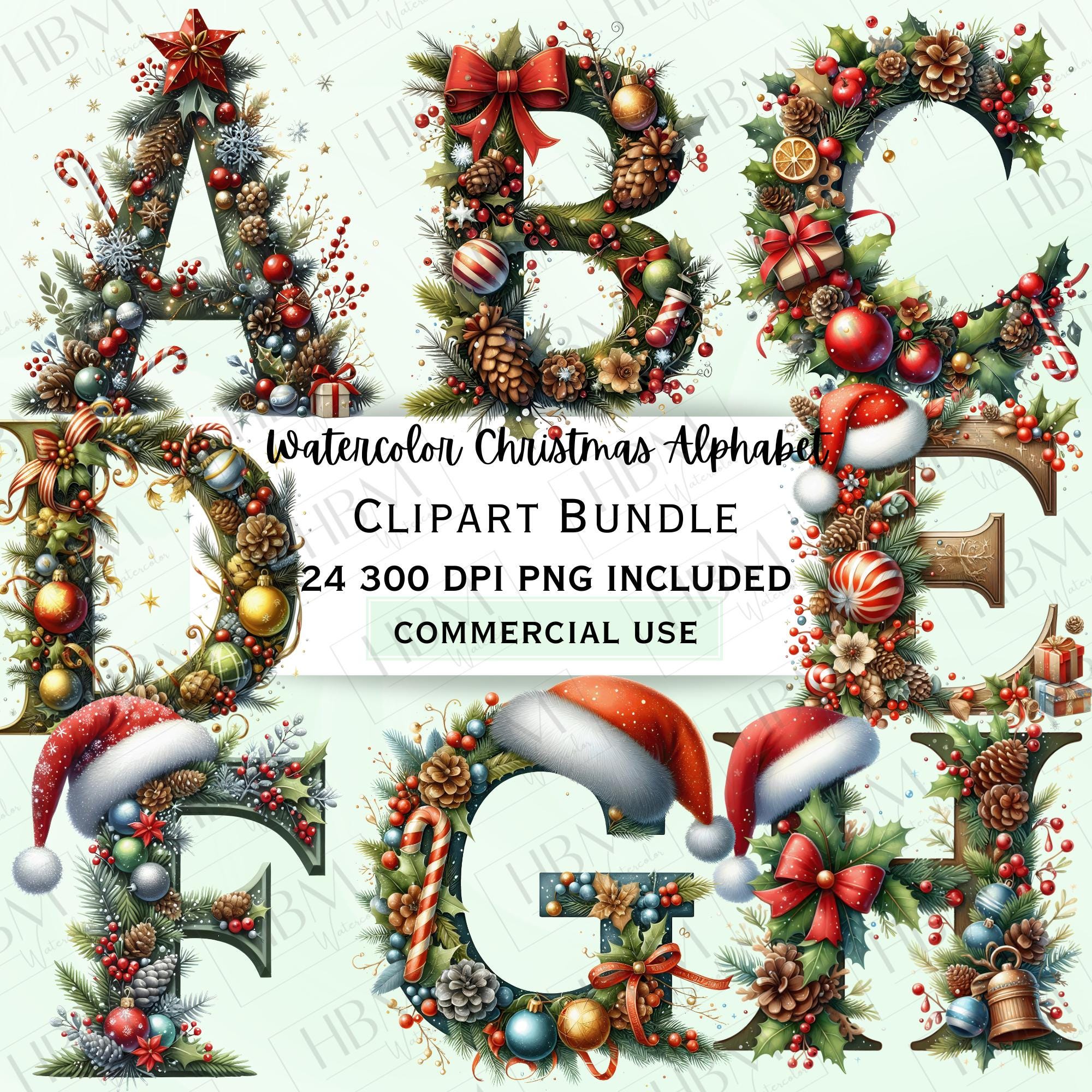 Watercolor Christmas Letters Clipart Bundle, Whimsical Xmas Graphics ...