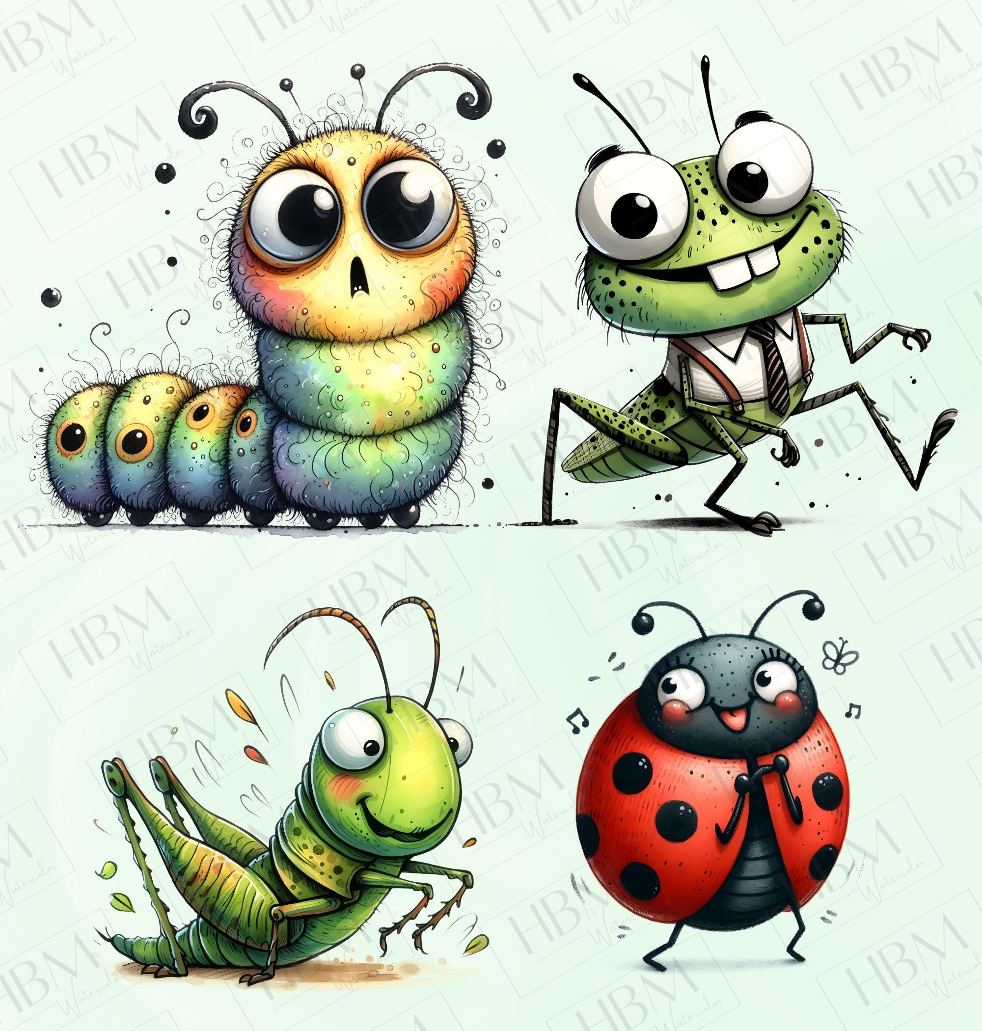 Funny Quirky Insects Clipart Bundle, Silly Bug Sticker, Crazy Whimsical ...
