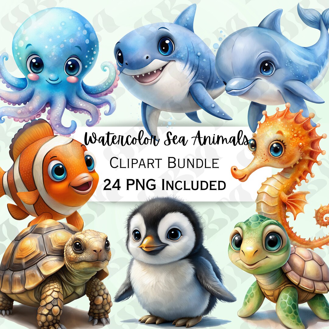 Cute Watercolor Sea Animals Clipart Bundle, Fish Nursery Decor ...