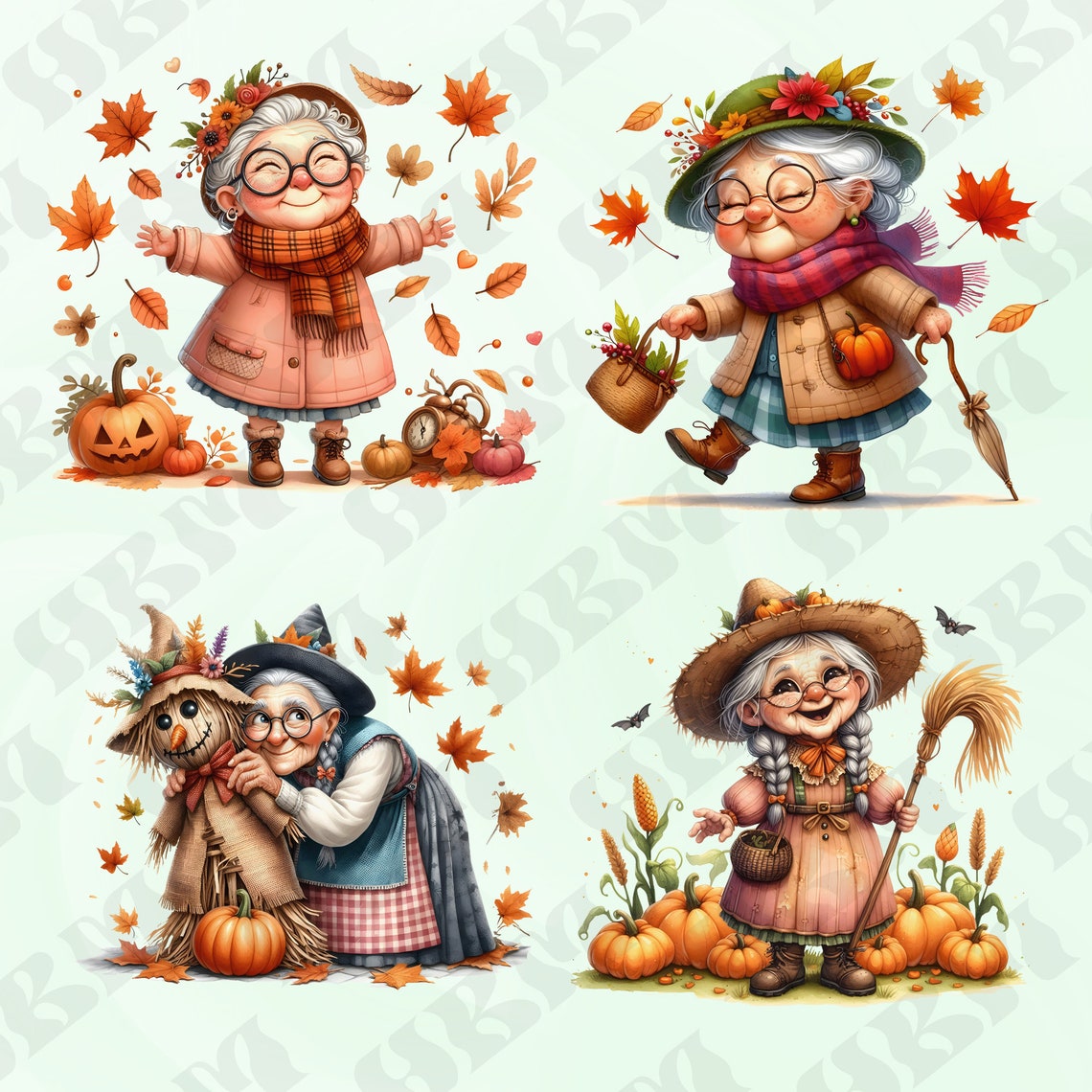 Funny Watercolor Autumn Grandma Clipart Bundle, Comical Old Lady ...