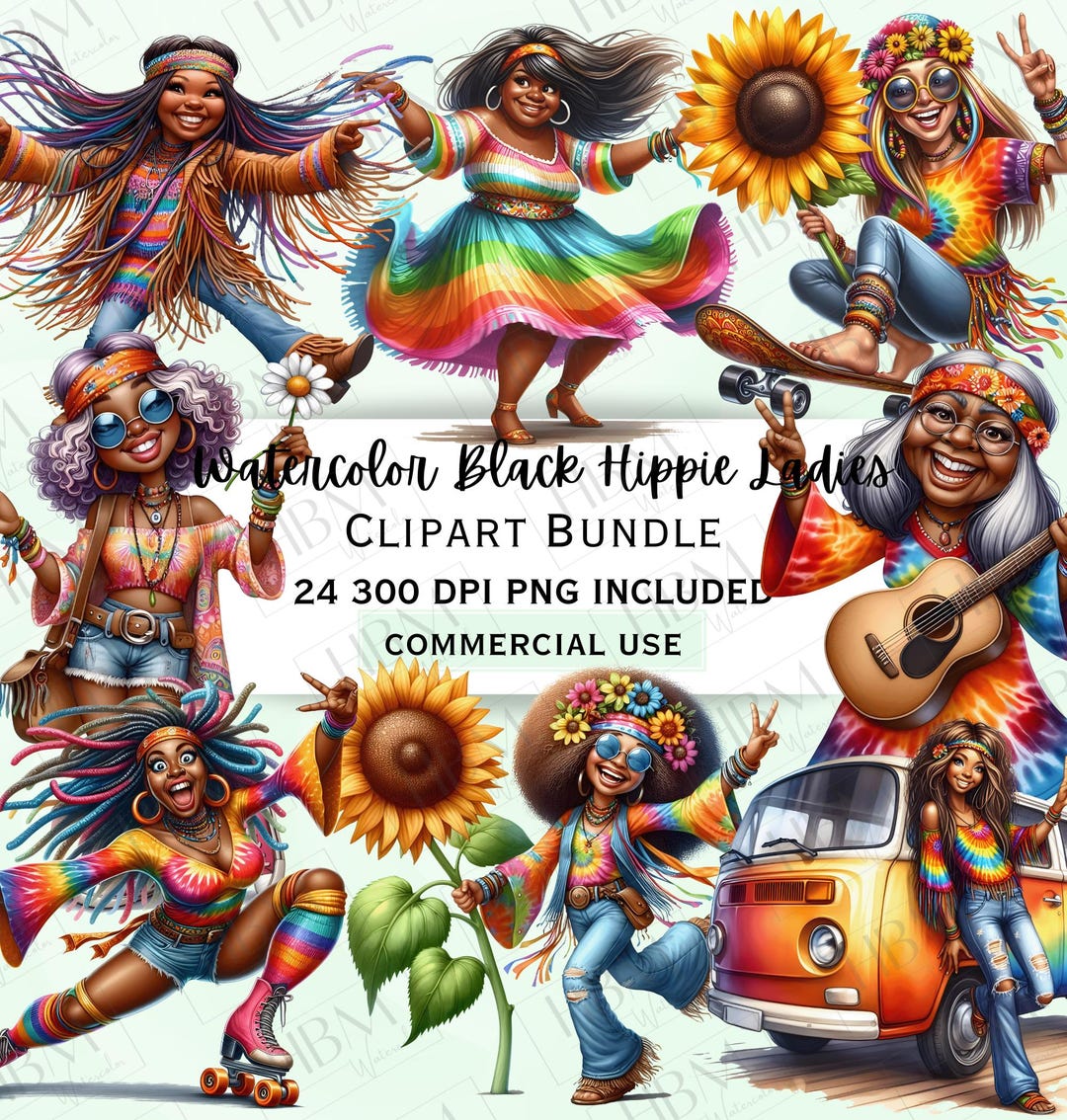Funny Watercolor Black Hippie Ladies Clipart Bundle, Comical Afro Girl ...