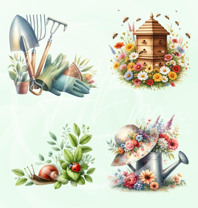 Cottage Garden Clipart Bundle, Watercolor Gardening Pngs, Rustic ...