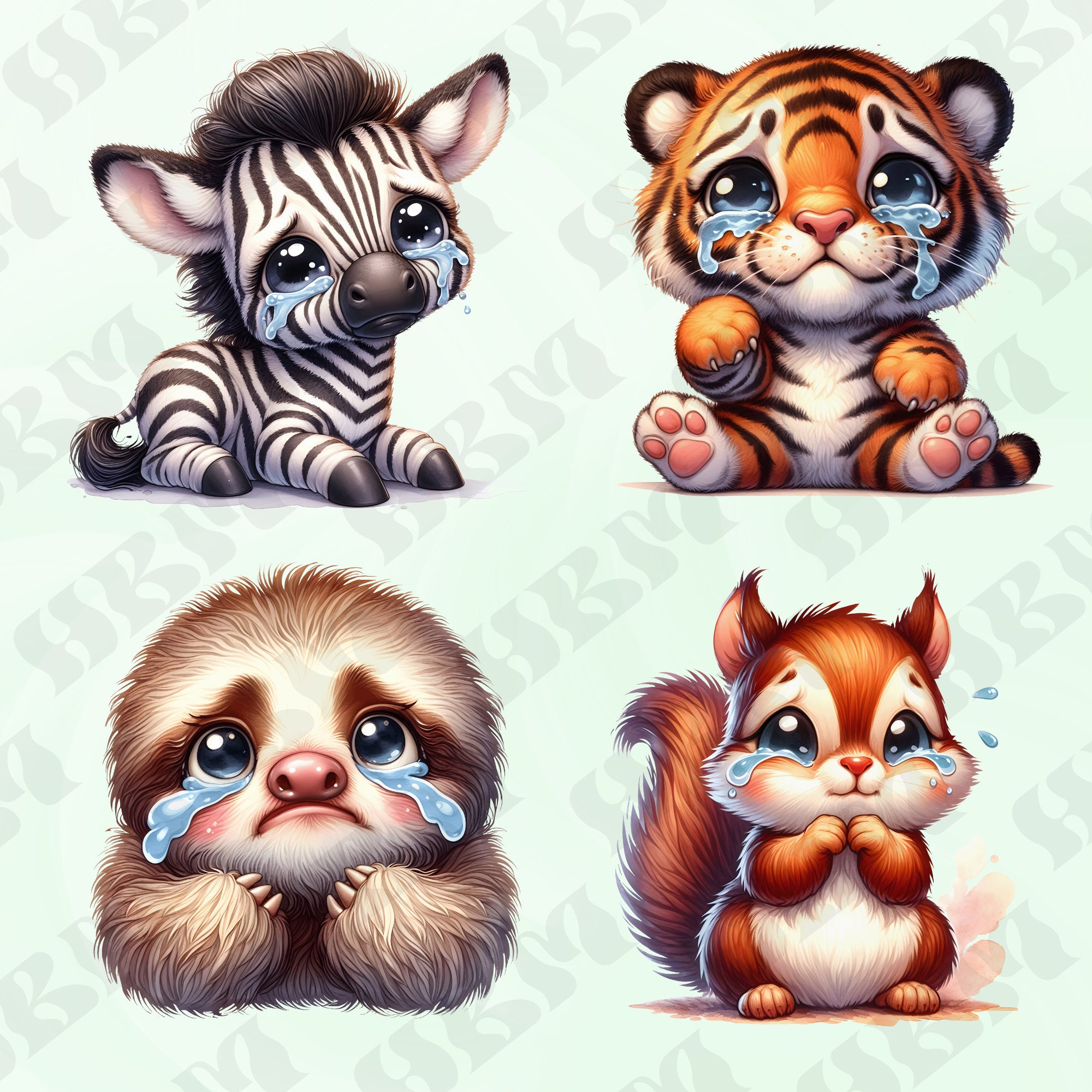 Cute Watercolor Crying Animals Clipart Bundle, Emotional Nursery Decor ...