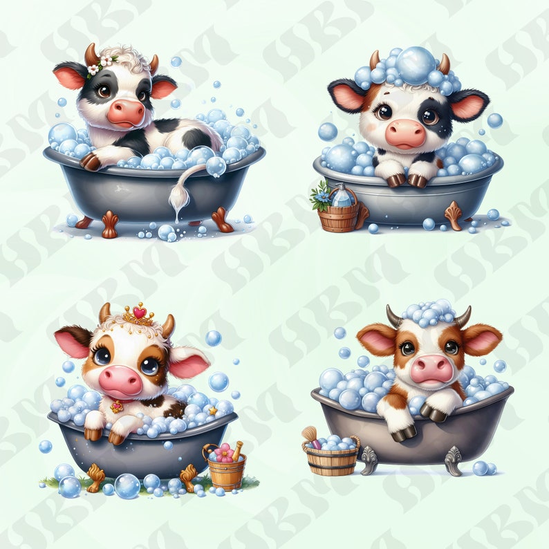 Cute Watercolor Cow Bubble Bath Clipart Bundle, Adorable Animal ...