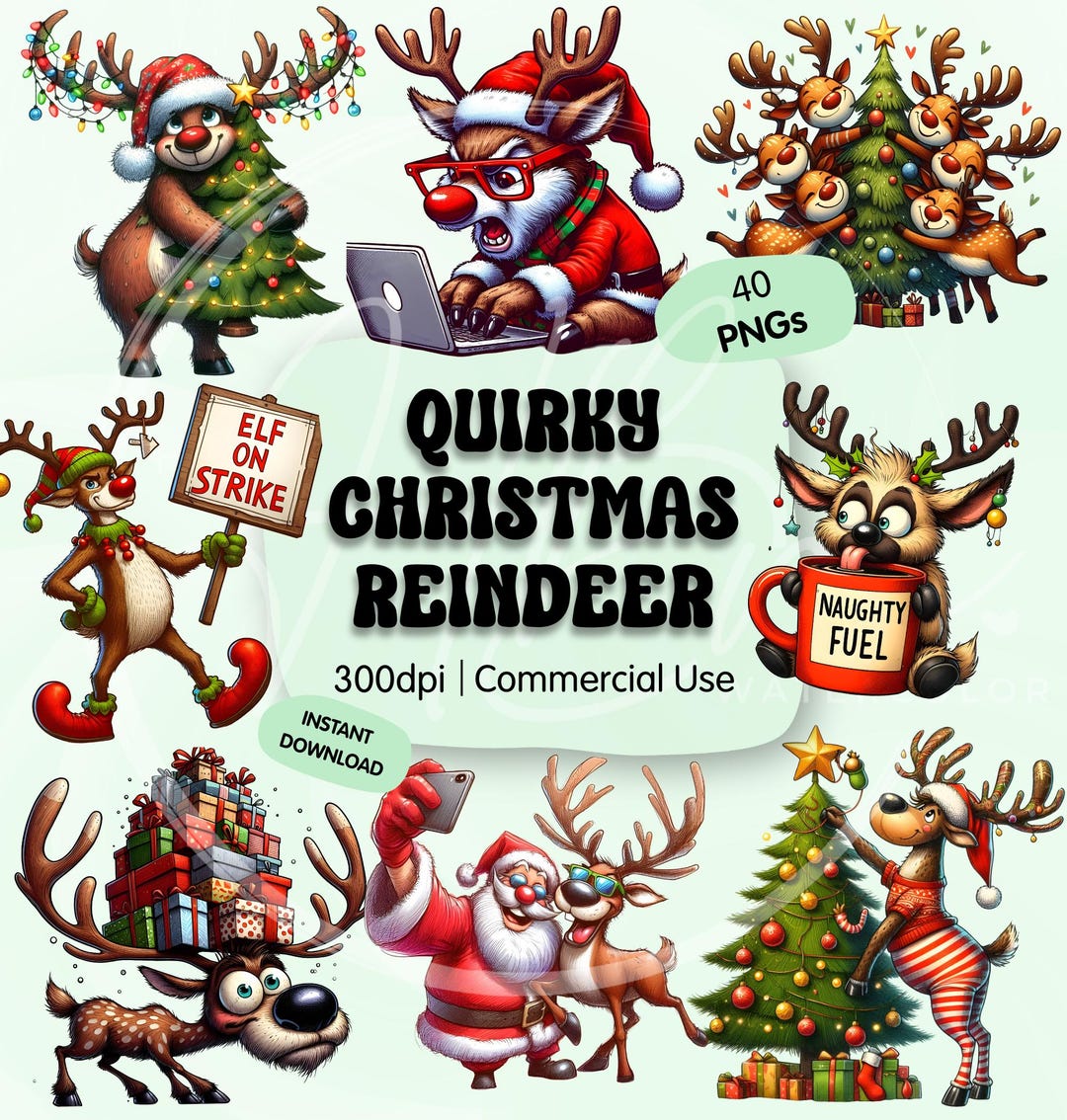 Quirky Christmas Reindeer Clipart PNG Bundle, Funny Holiday Deer ...