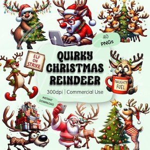 Quirky Christmas Reindeer Clipart PNG Bundle, Funny Holiday Deer ...