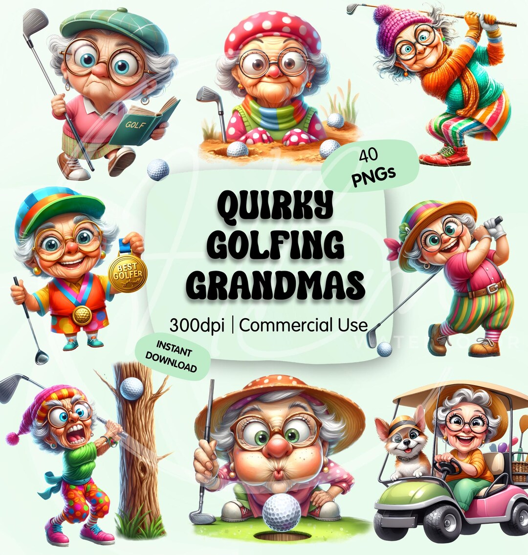 Funny Quirky Golfing Grandma Clipart Bundle, Watercolor Old Lady Pngs ...