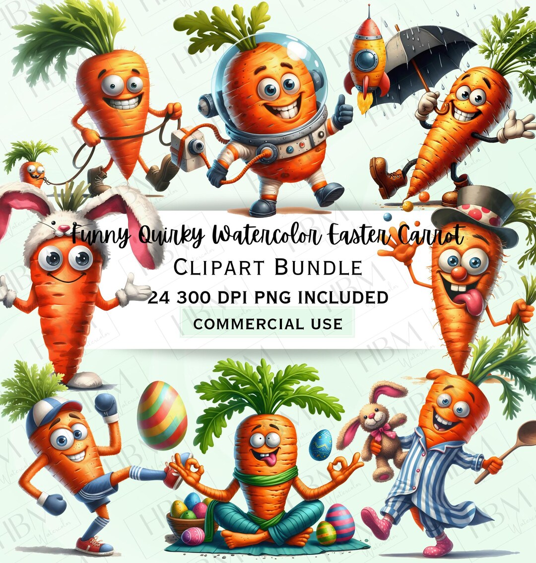 Funny Quirky Easter Carrot Clipart Bundle, Whimsical Vegetable Stickers ...