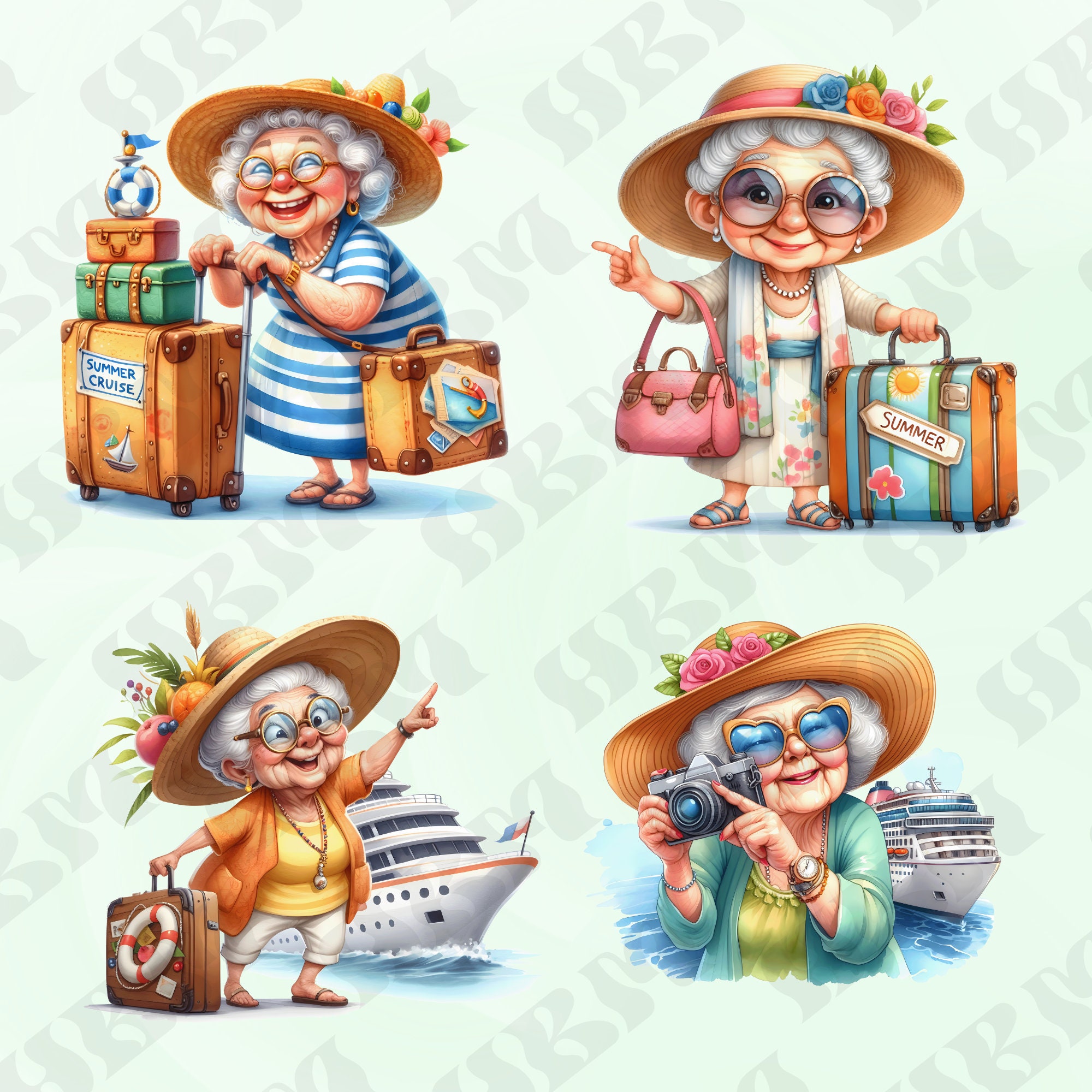 Funny Watercolor Old Lady Cruise Clipart Bundle, Grandma Sticker ...