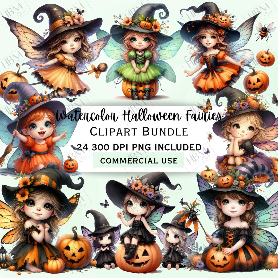 Cute Watercolor Halloween Fairy Clipart Bundle, Mystical Sticker ...