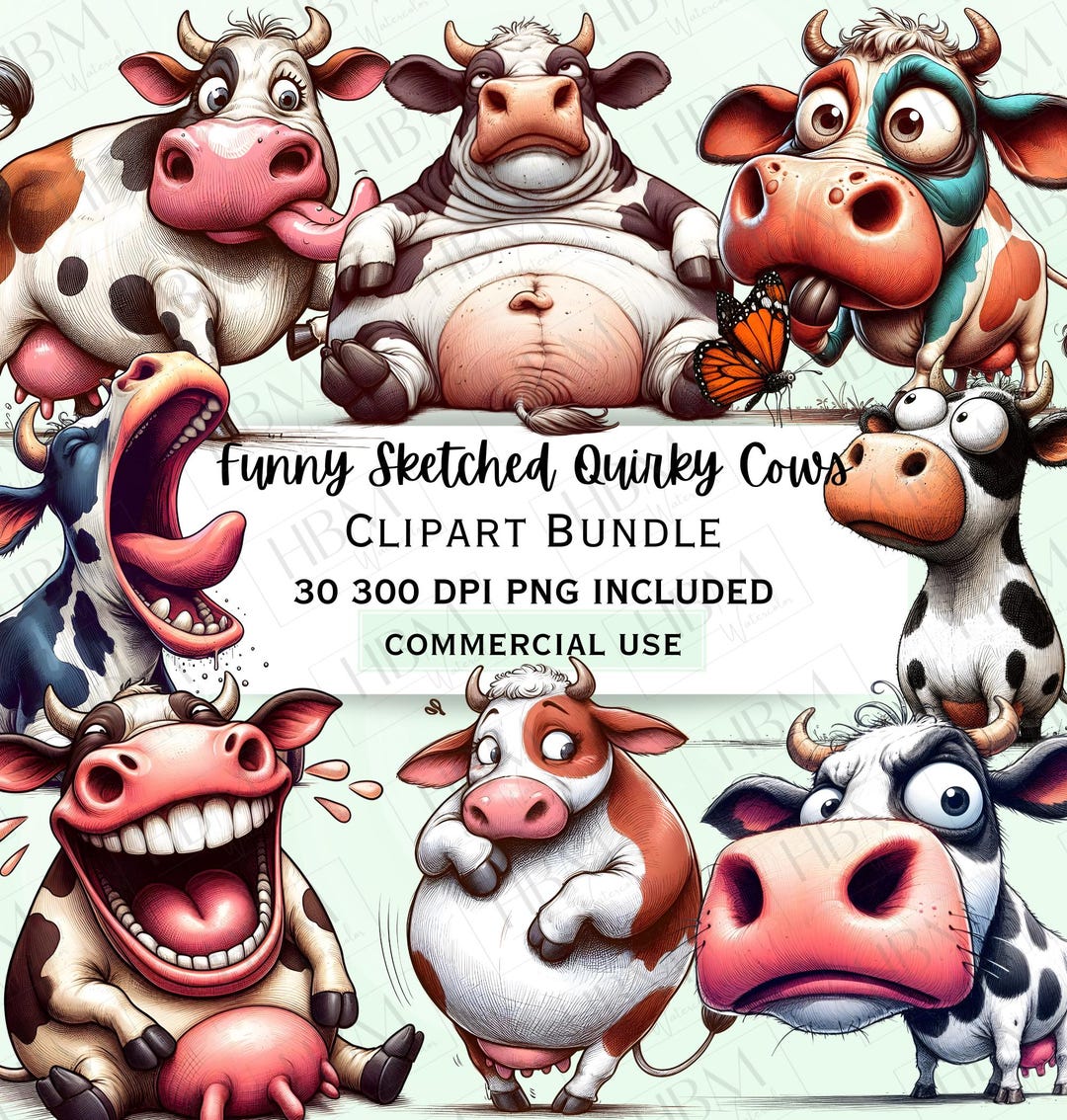 Funny Sketch Quirky Cows Clipart Bundle, Humorous Whimsical Bovine ...