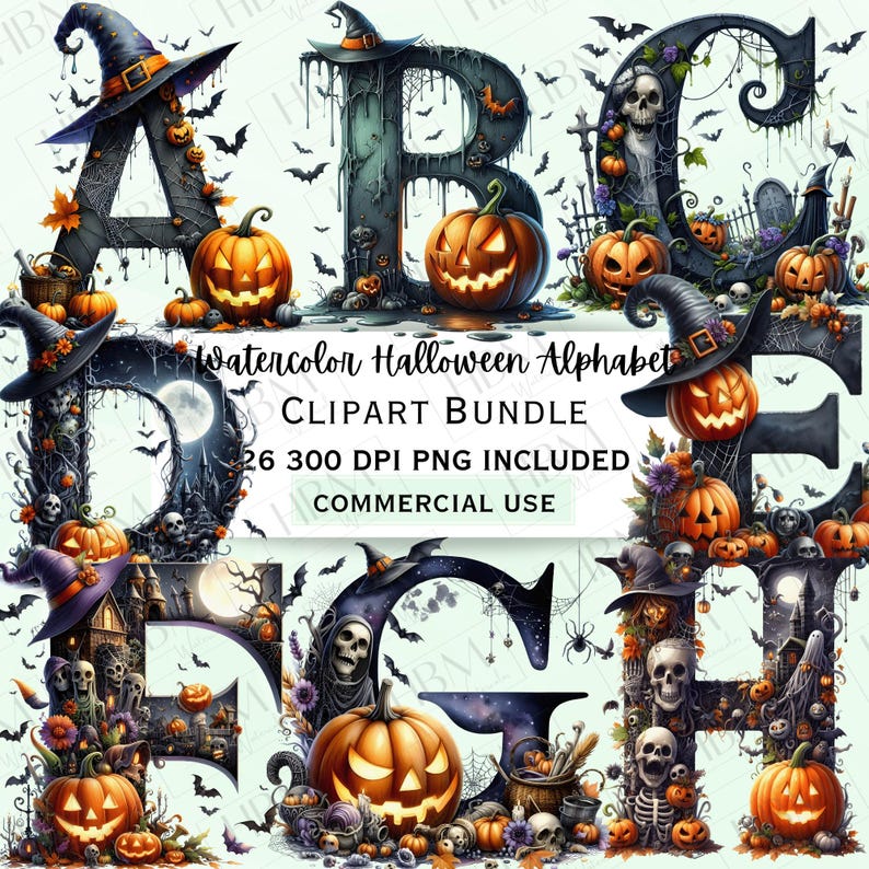 Watercolor Halloween Letters Clipart Bundle, Whimsical Gothic Graphics ...