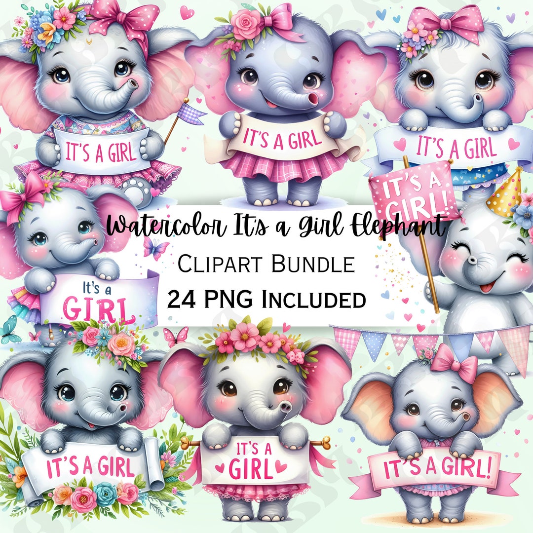 Watercolor Girl Elephant Clipart Bundle, Cute Nursery Decor, Pink Baby ...