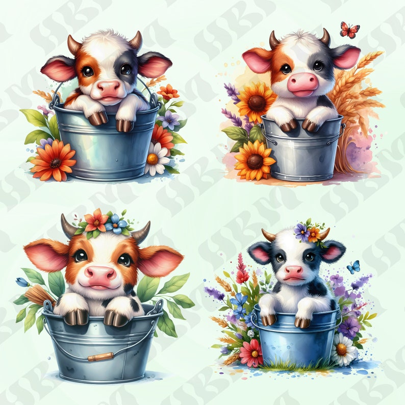 Cute Watercolor Cows in Buckets Clipart Bundle, Bull Stickers, Adorable ...