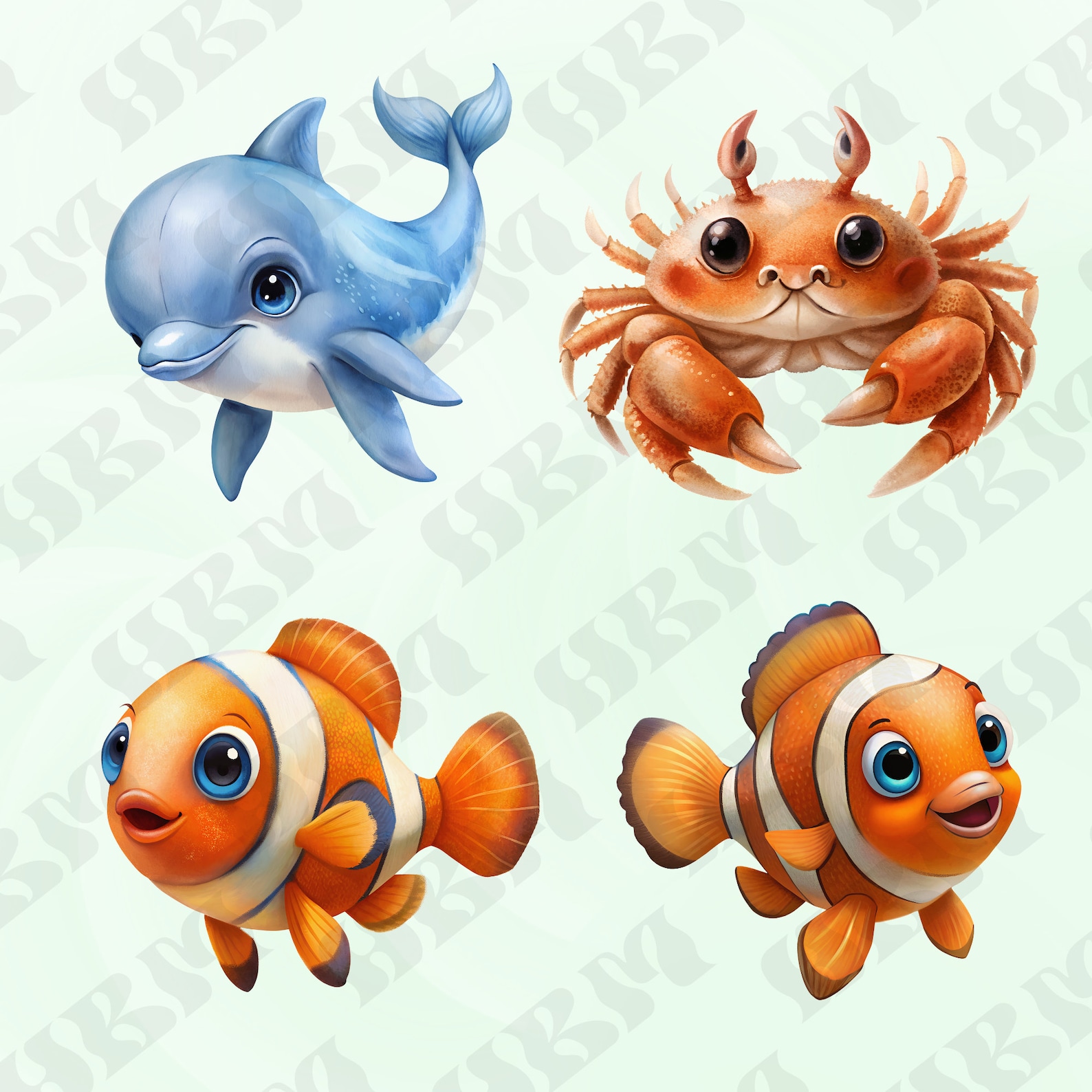 Cute Watercolor Sea Animals Clipart Bundle, Fish Nursery Decor ...