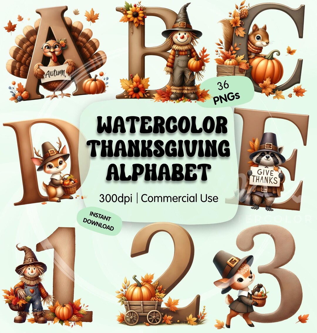 Thanksgiving Alphabet Clipart Bundle, Fall Letters & Numbers PNG, Cute ...