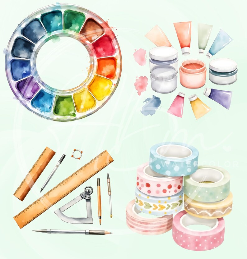 Watercolor Art Supplies Clipart Bundle, Paint Brushes Palette Art ...