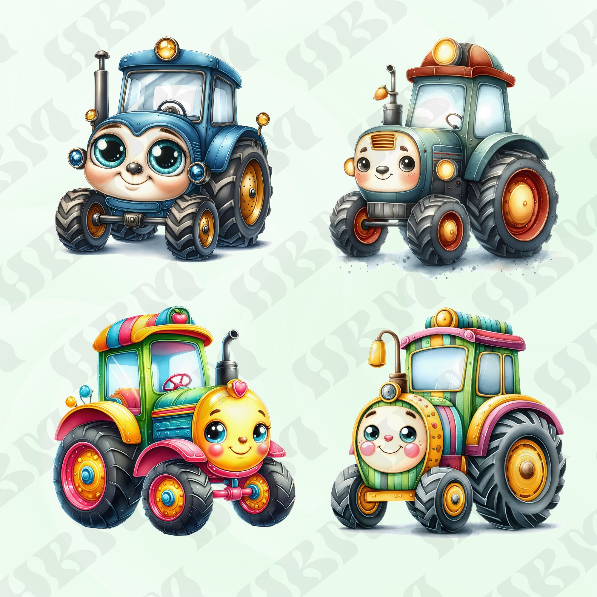 Cute Watercolor Tractors Clipart Bundle, Farm Sticker, Adorable Country ...