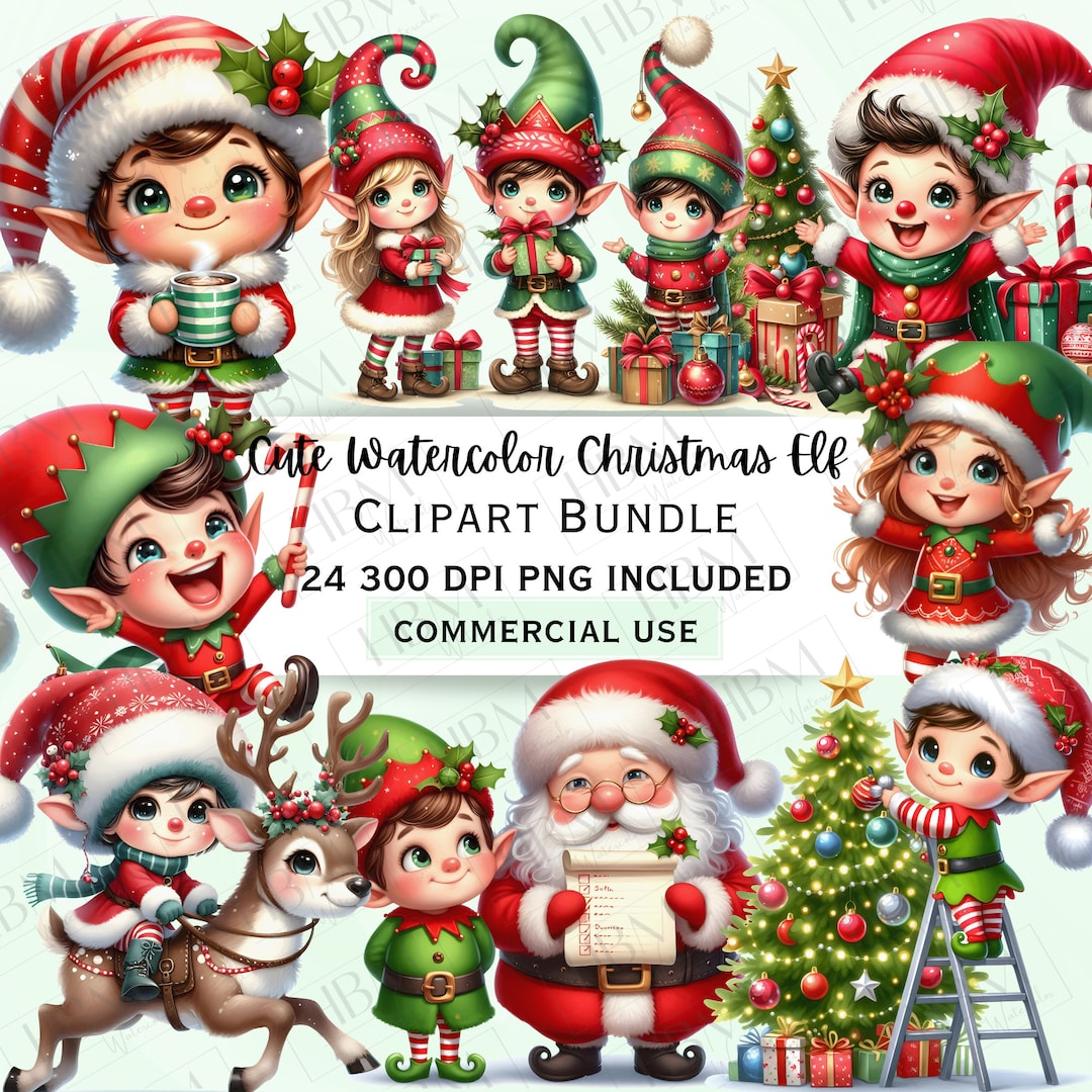 Cute Watercolor Elves Clipart Bundle, Festive Elf Graphics, Adorable ...