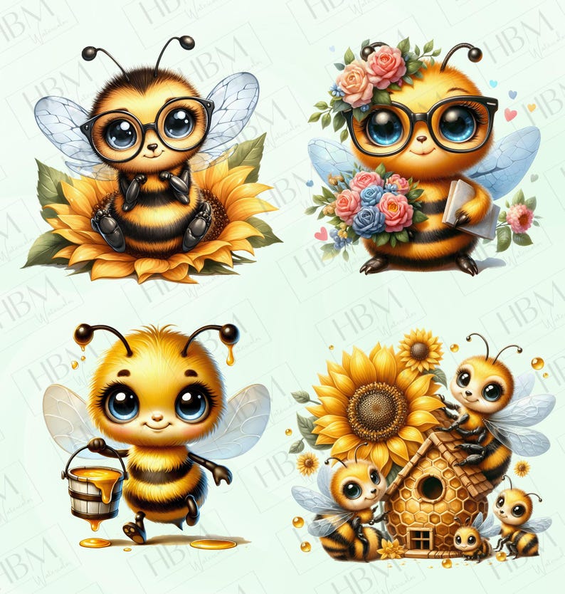 Cute Watercolor Sweet Bees Clipart Bundle, Honey Nursery Decor, Spring ...