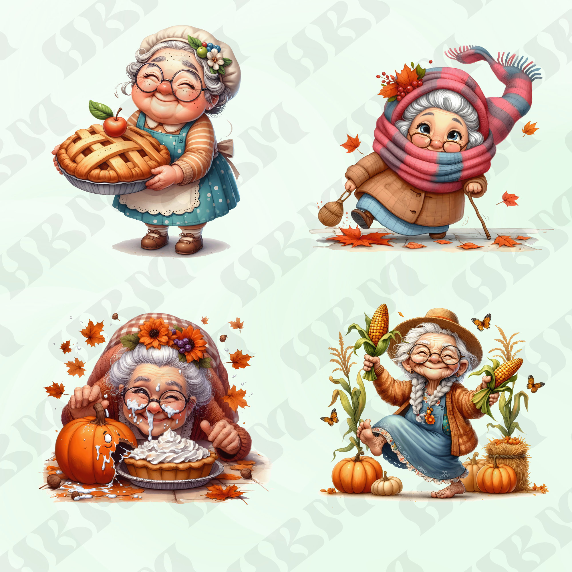 Funny Watercolor Autumn Grandma Clipart Bundle, Comical Old Lady ...